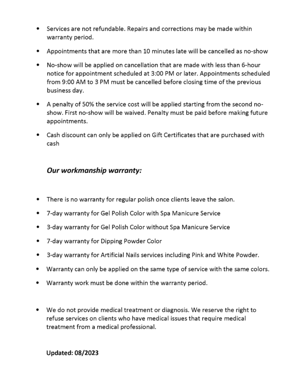 Store Policy Utopia Nails & Spa | Nail Salon | Kenosha, WI